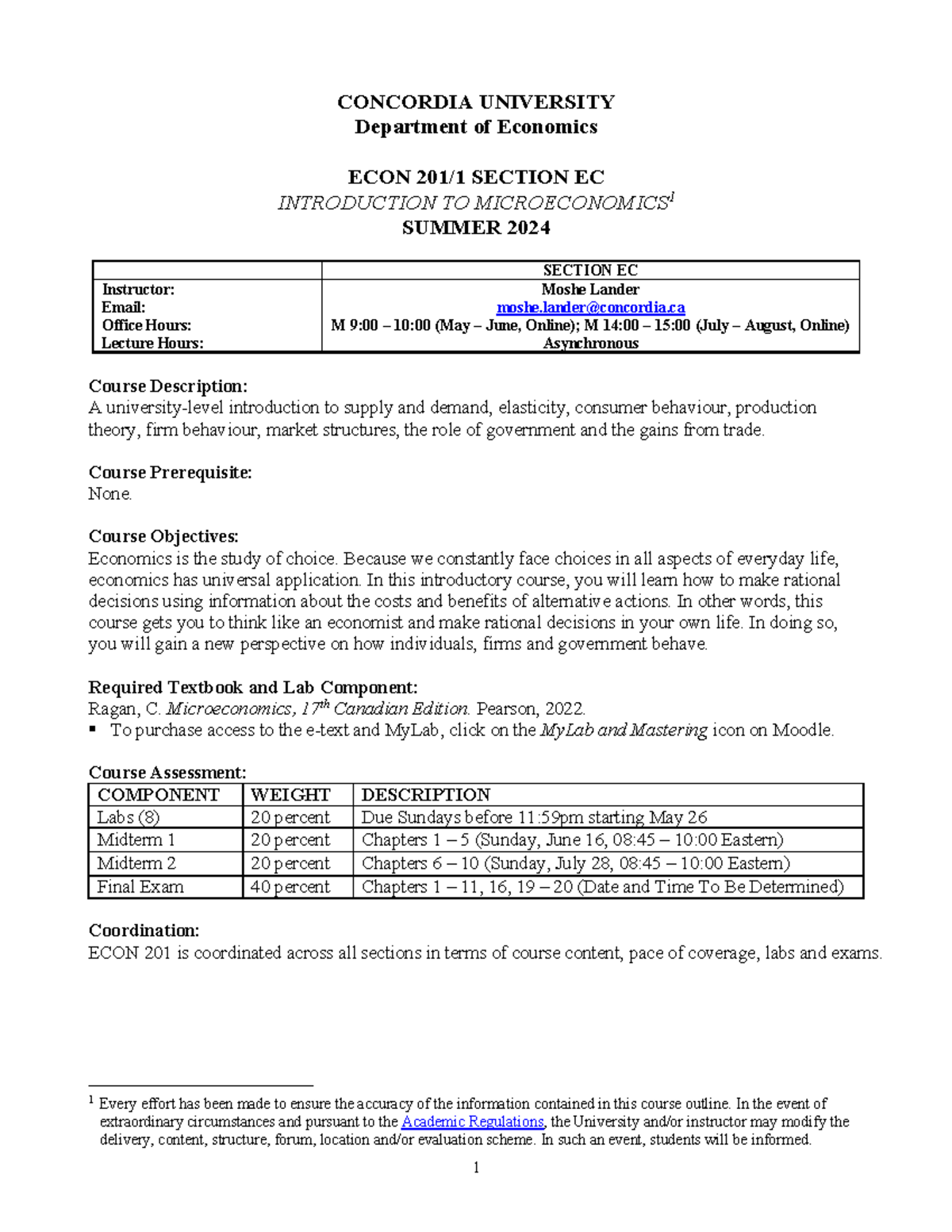 ECON 201 Course Outline - CONCORDIA UNIVERSITY Department of Economics ...
