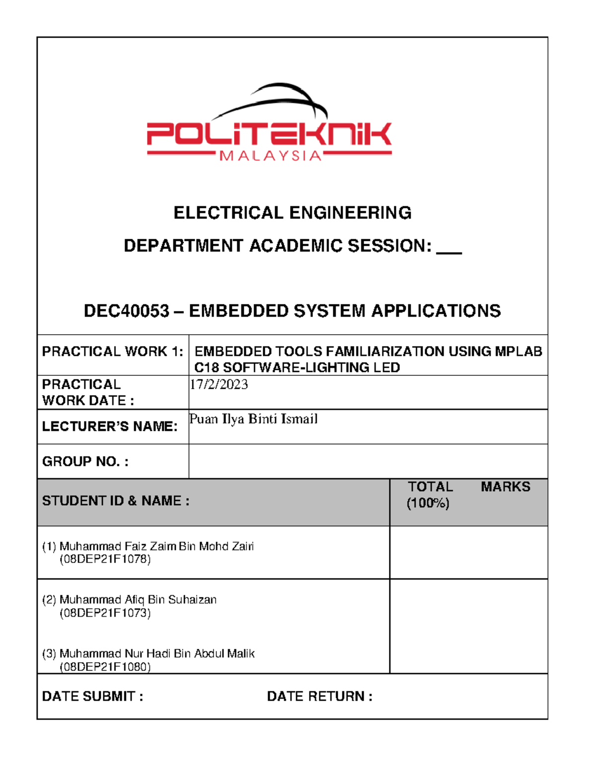 PW1-light LED - hehehshsh - ELECTRICAL ENGINEERING DEPARTMENT ACADEMIC SESSION: DEC40053 ...