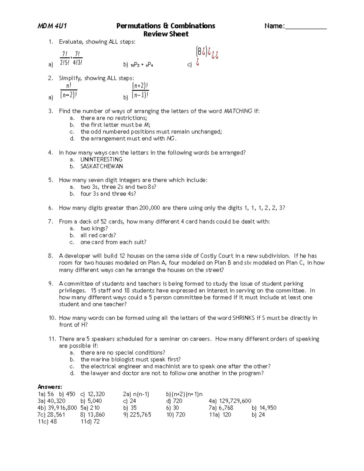 Lesson 7 permutations combinations review sheet - MDM 4U1 Permutations ...