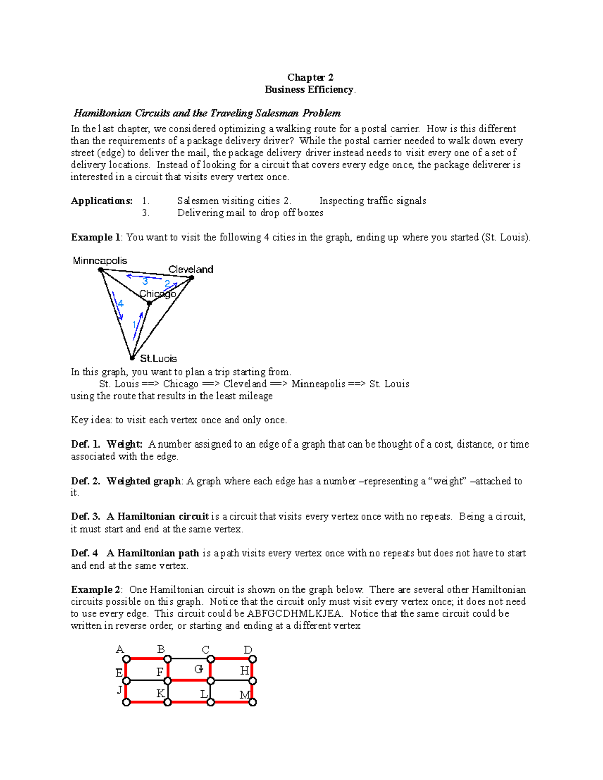 Chapter 2 notes - Chapter 2 Business Efficiency. Hamiltonian Circuits ...