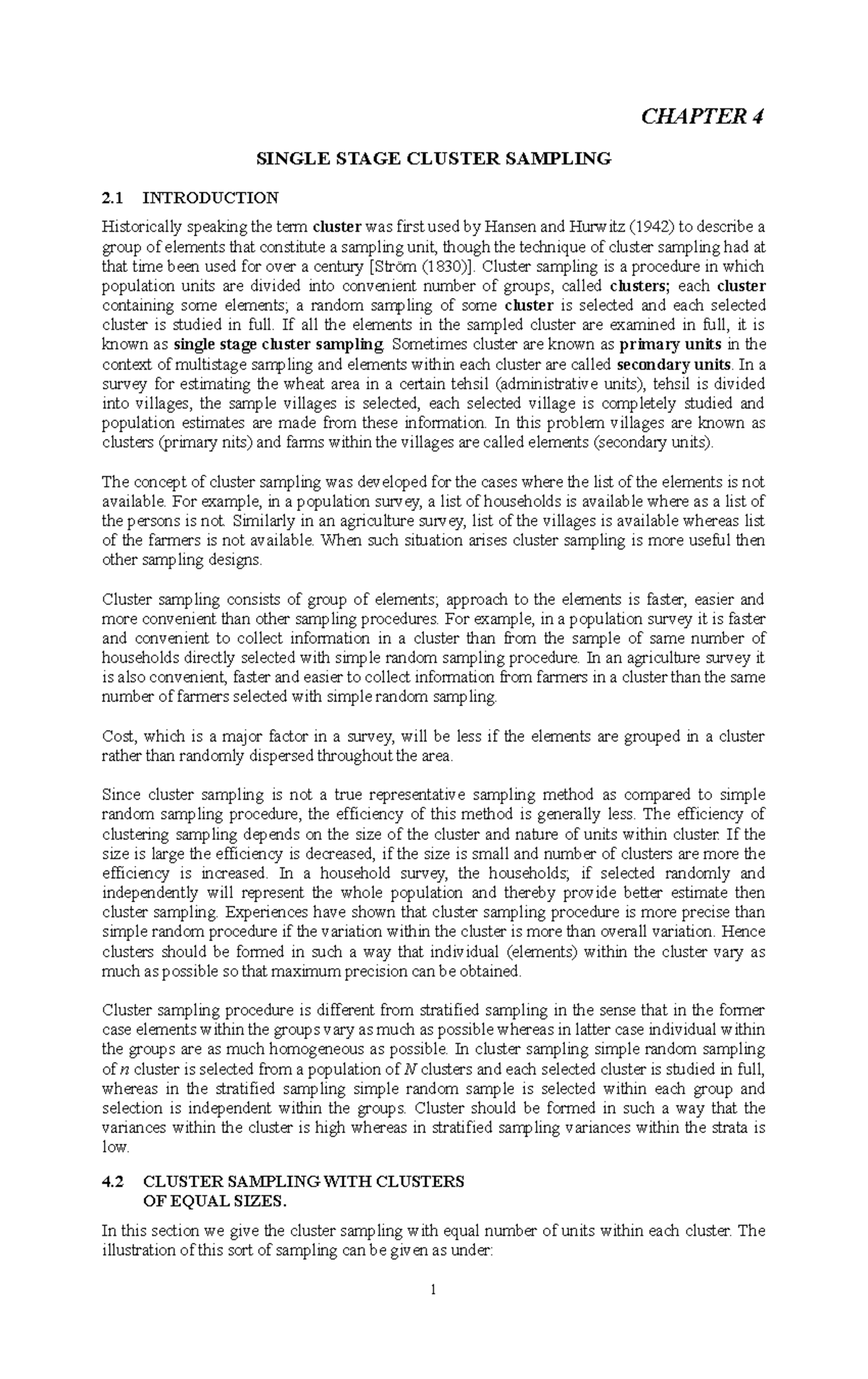 Chapter-4 - Sampling - CHAPTER 4 SINGLE STAGE CLUSTER SAMPLING 2 ...