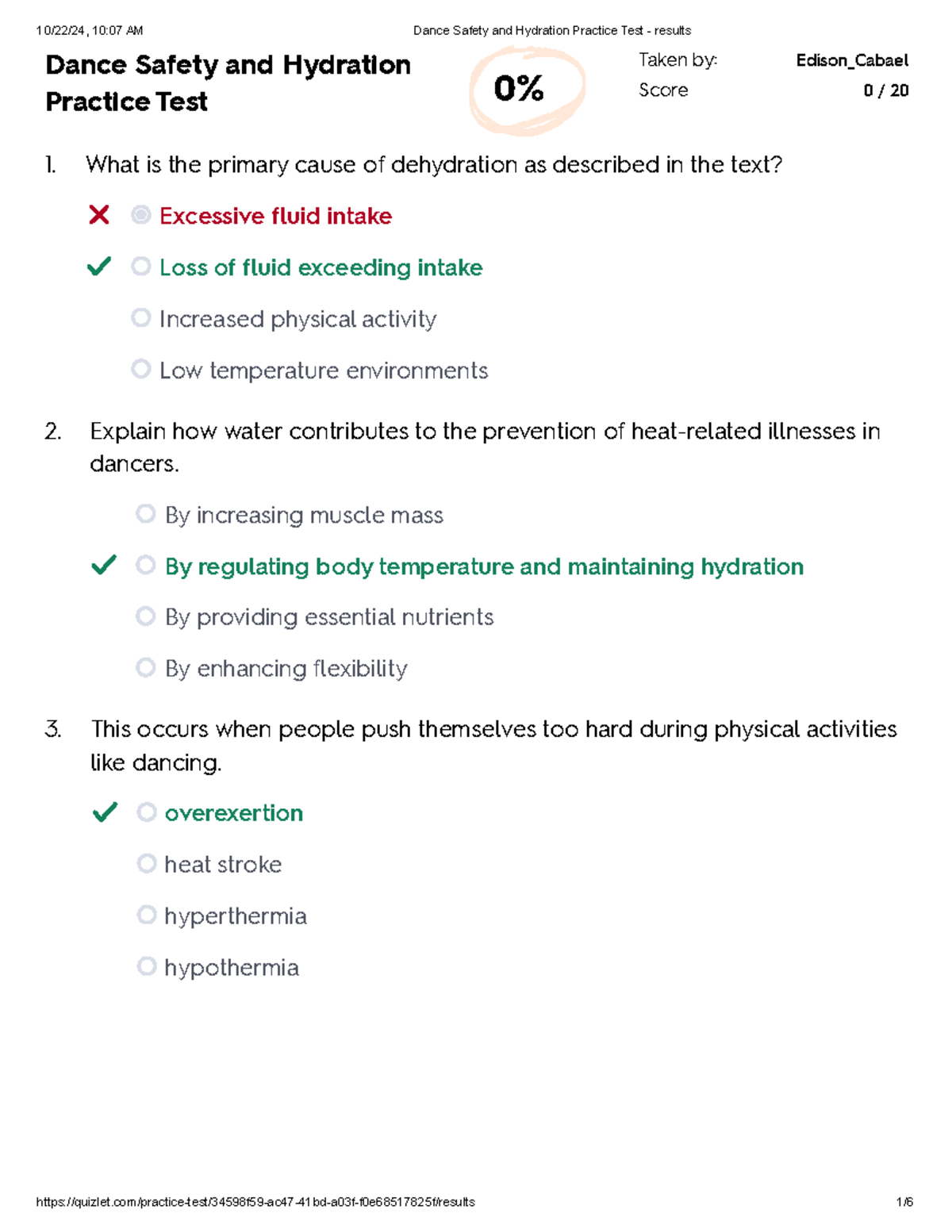 Dance Safety and Hydration Practice Test - results - Dance Safety and ...