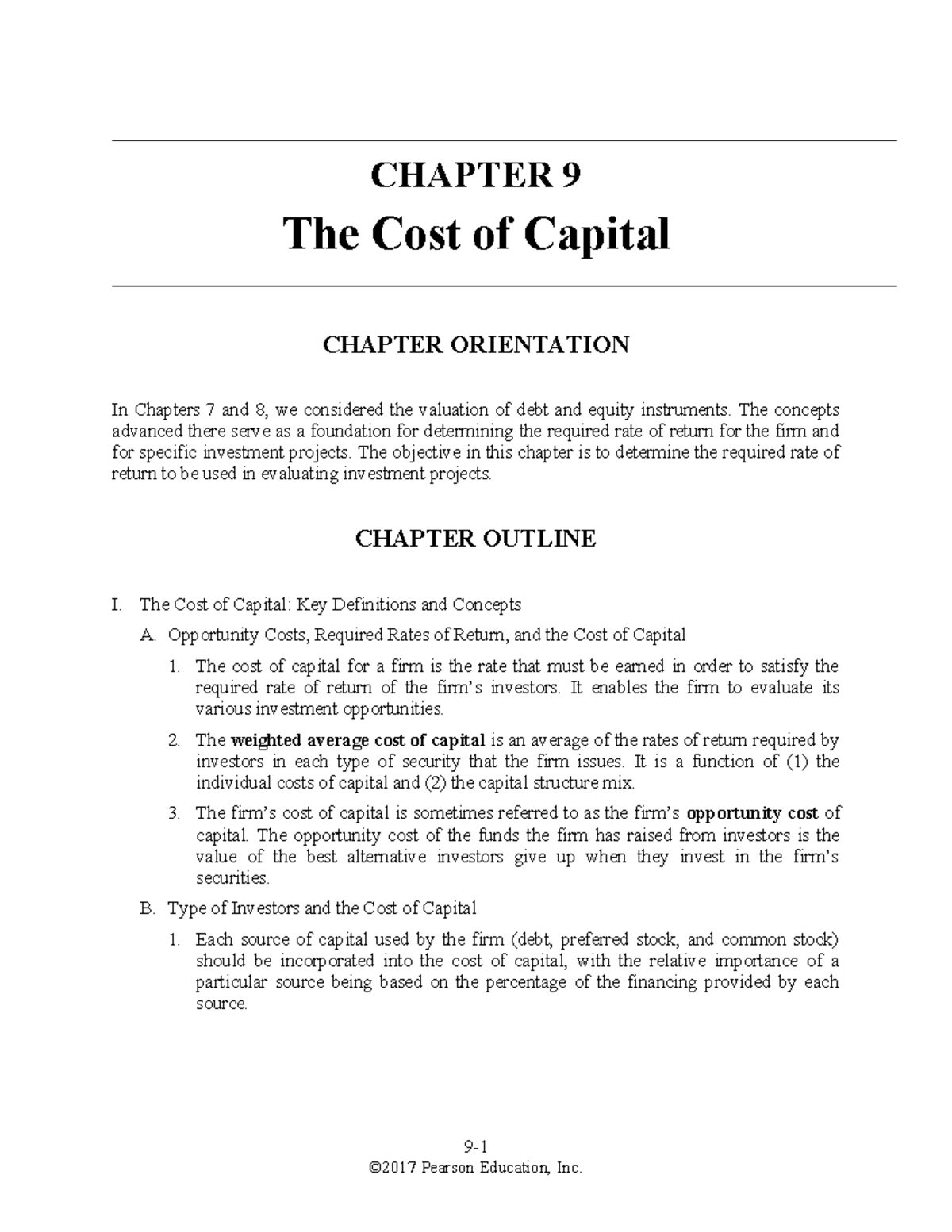 Keown IM Ch 09 - CHAPTER 9 The Cost of Capital CHAPTER ORIENTATION In Chapters 7 and 8, we - Studocu