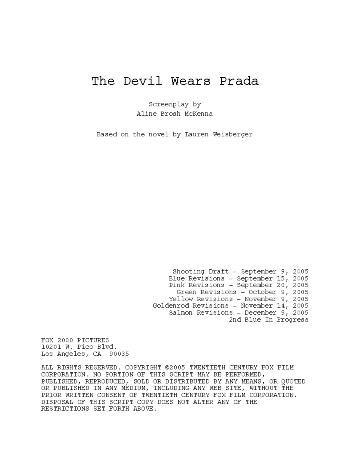 Devil Wears Prada Full Script - The Devil Wears Prada Screenplay by ...