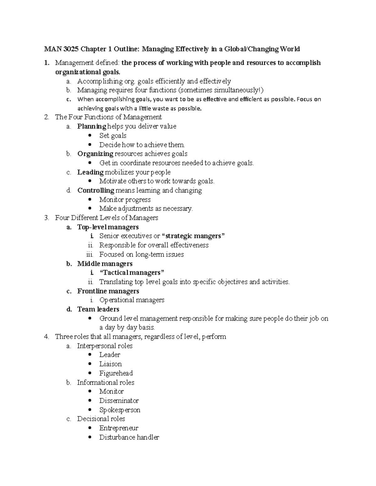 Ch 1 Outline - Lecture notes 1 - MAN 3025 Chapter 1 Outline: Managing ...