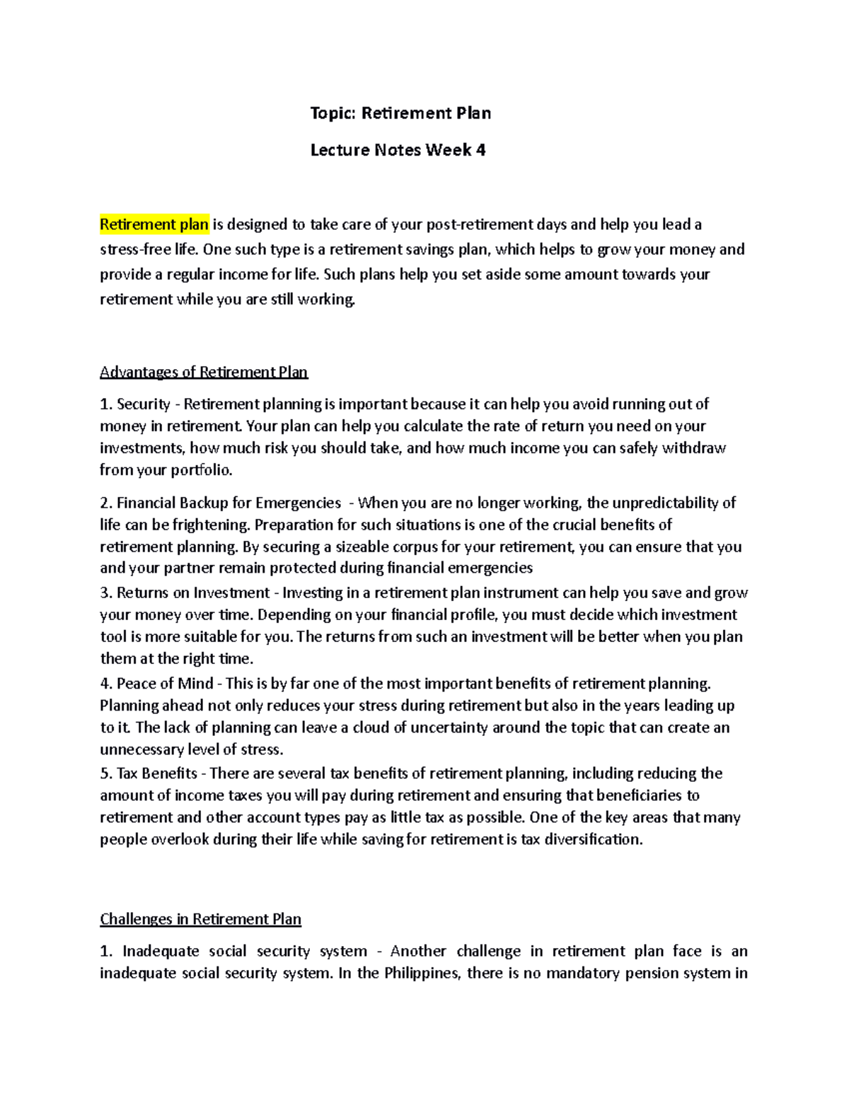 Retirement Plan2 - Topic: Retirement Plan Lecture Notes Week 4 ...