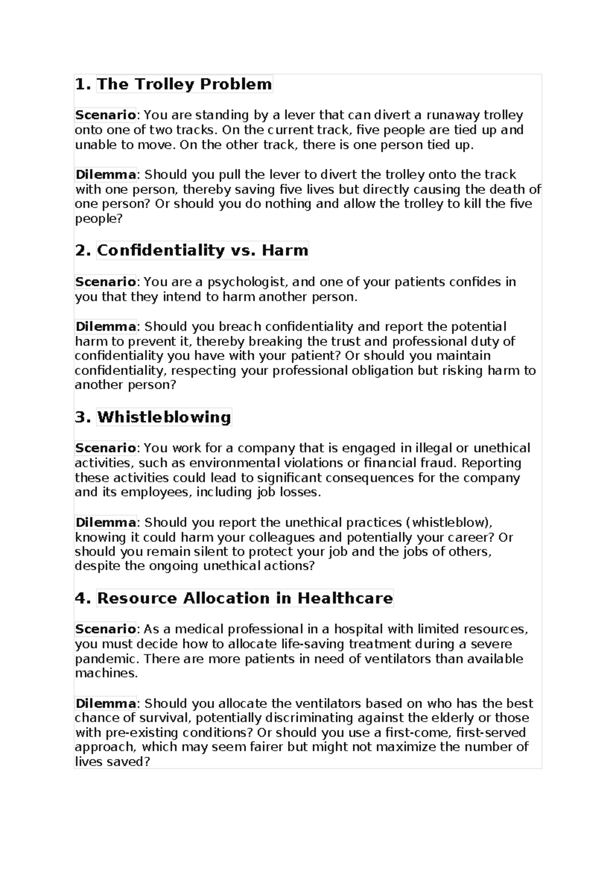 Ethical-Dilemma - Ethical-Dilemma - 1. The Trolley Problem Scenario ...