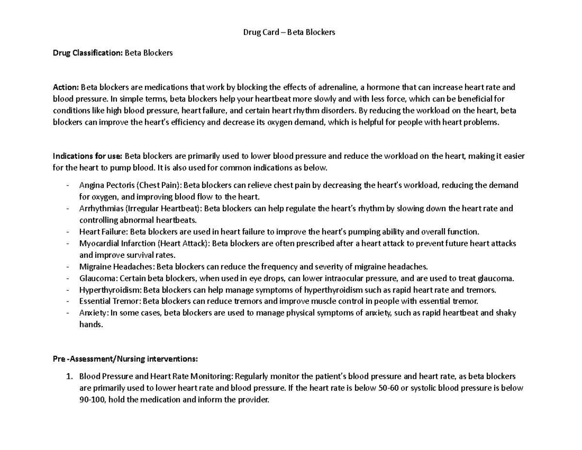 Beta Blockers - Drug card 1 - Drug Classification: Beta Blockers Action ...