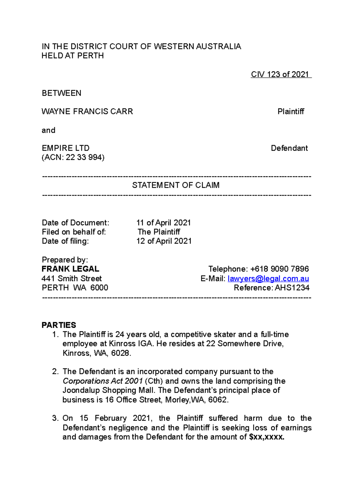 Civil procedure share - statement of claim for negligence - IN THE ...