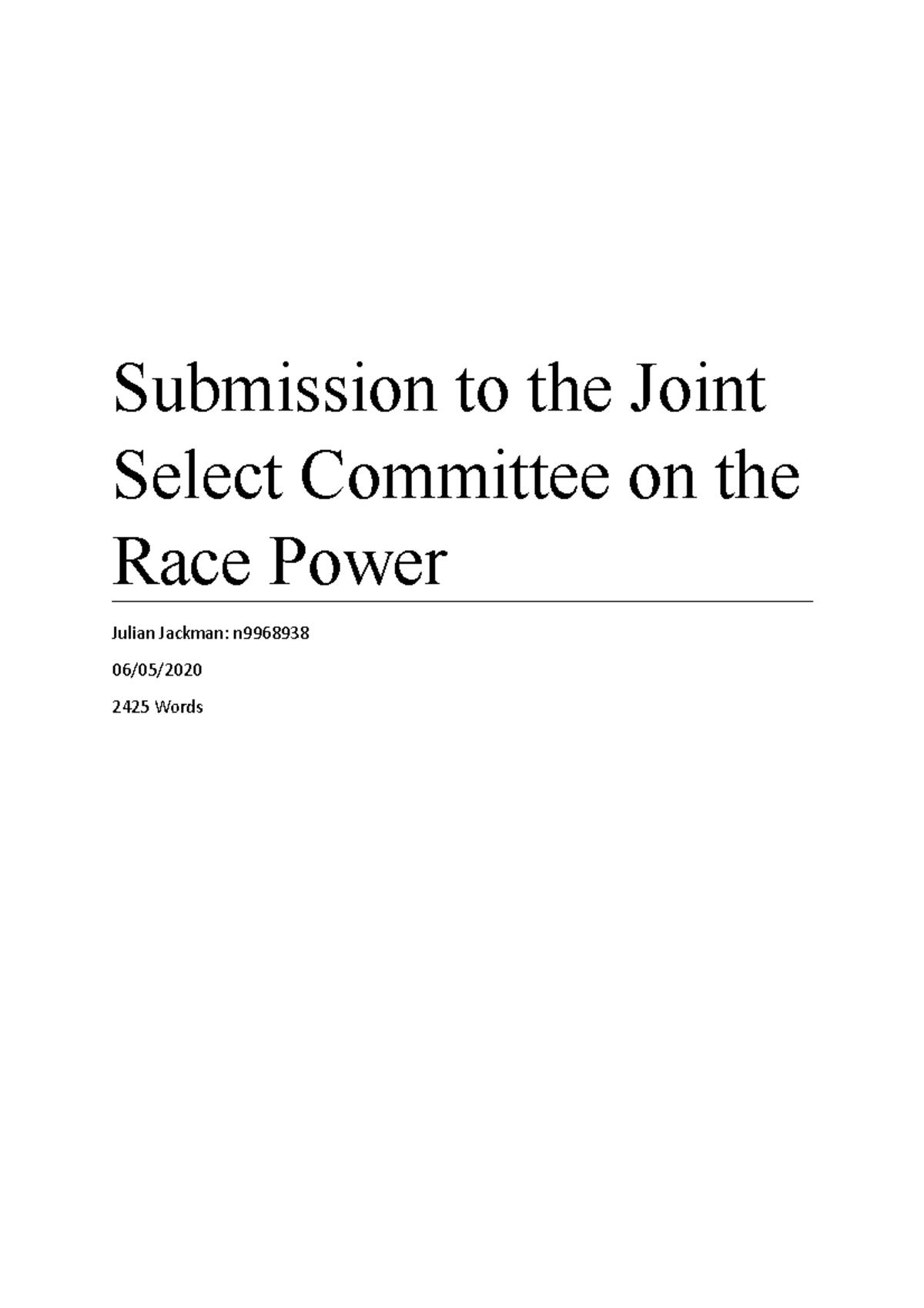 Submission to the Joint Select Committee on the Race Power - Submission ...