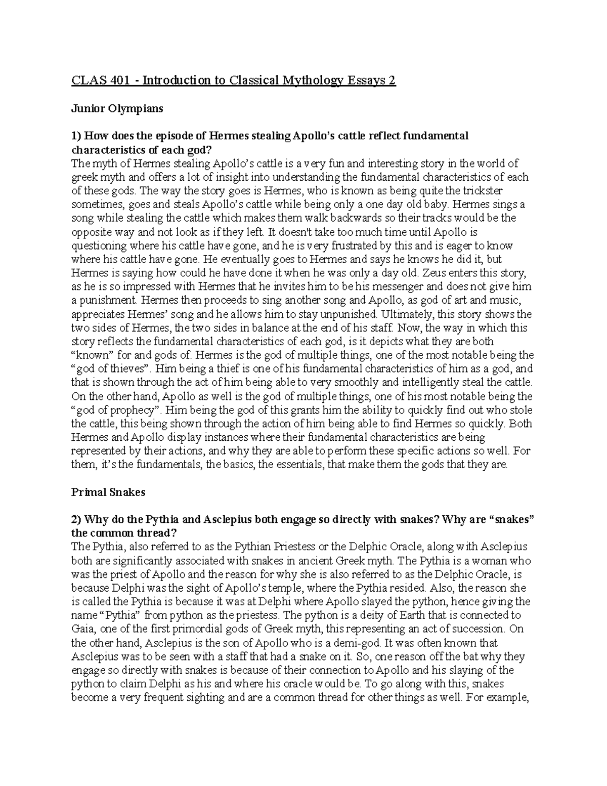 Myth Essays 2 - CLAS 401 - Introduction to Classical Mythology Essays 2 ...