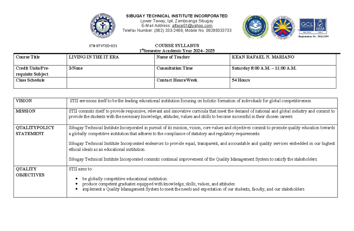 Living IN THE IT ERA Syllabus Btvted - SIBUGAY TECHNICAL INSTITUTE ...