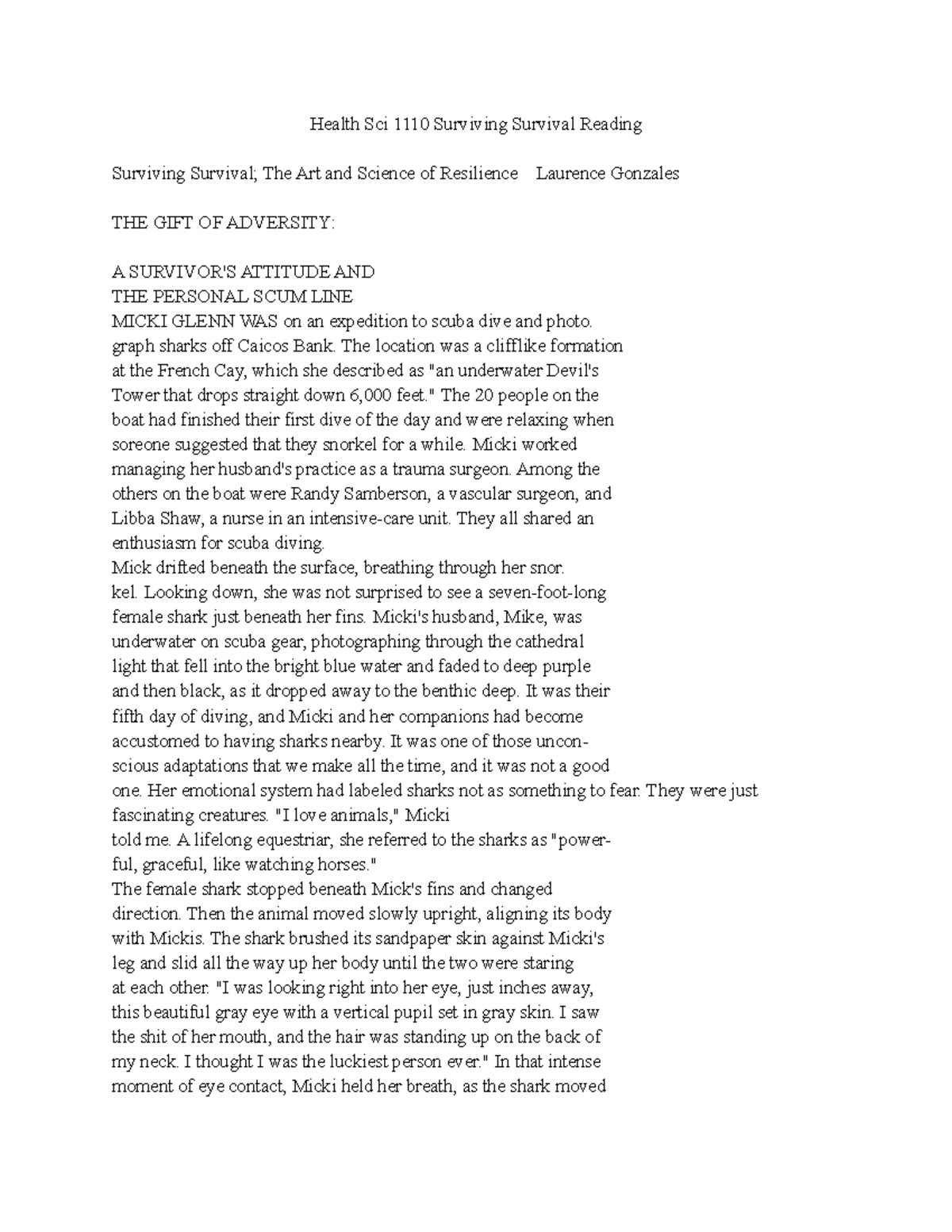 Suffering Reading #1- Mandatory Reading - Health Sci 1110 Surviving ...