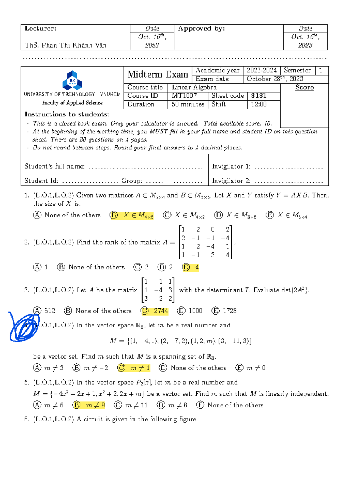Midterm 231 - ádasdada - Lecturer: Date Approved by: Date Oct. 16th ...