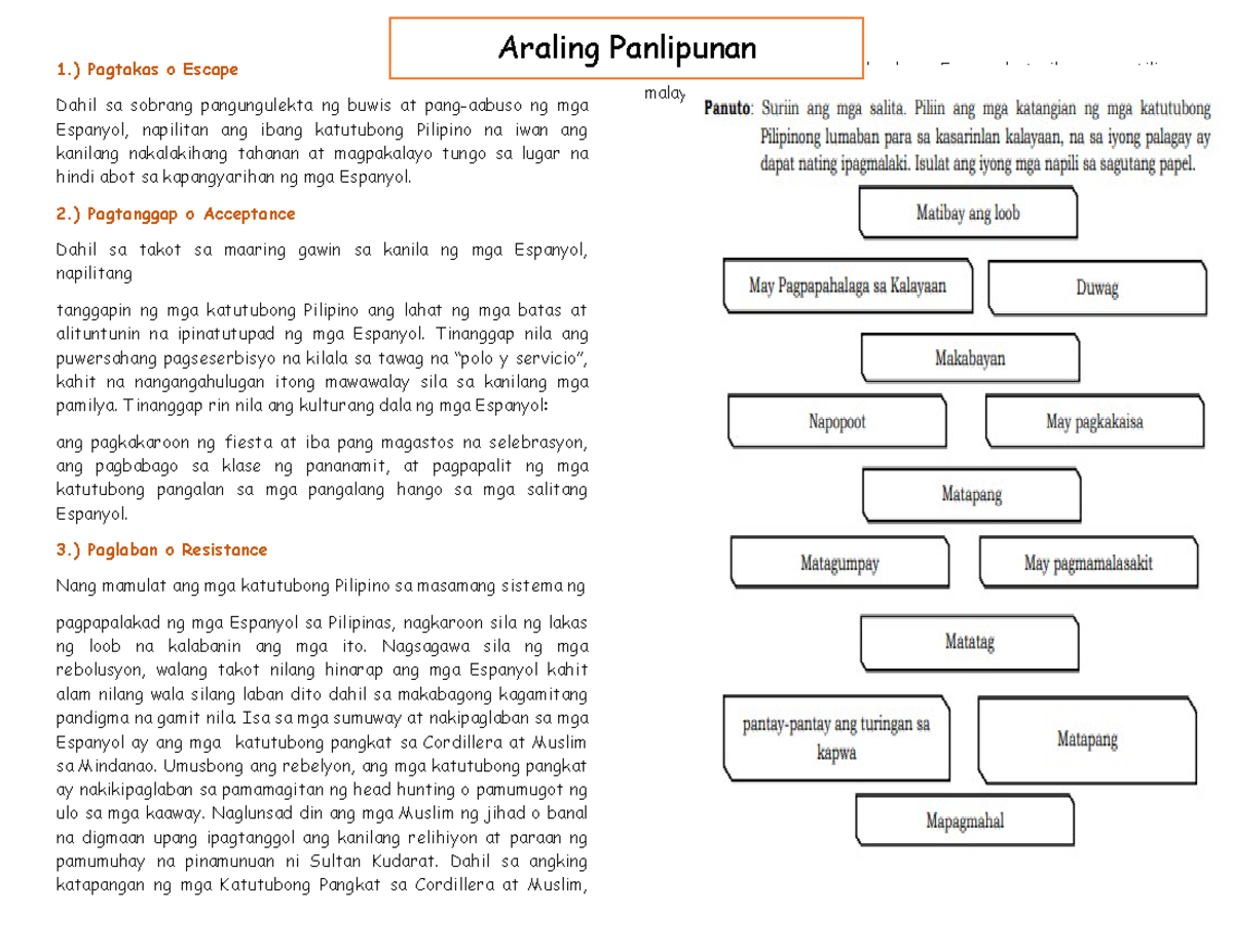 AP 5 worksheet - 1.) Pagtakas o Escape Dahil sa sobrang pangungulekta ...