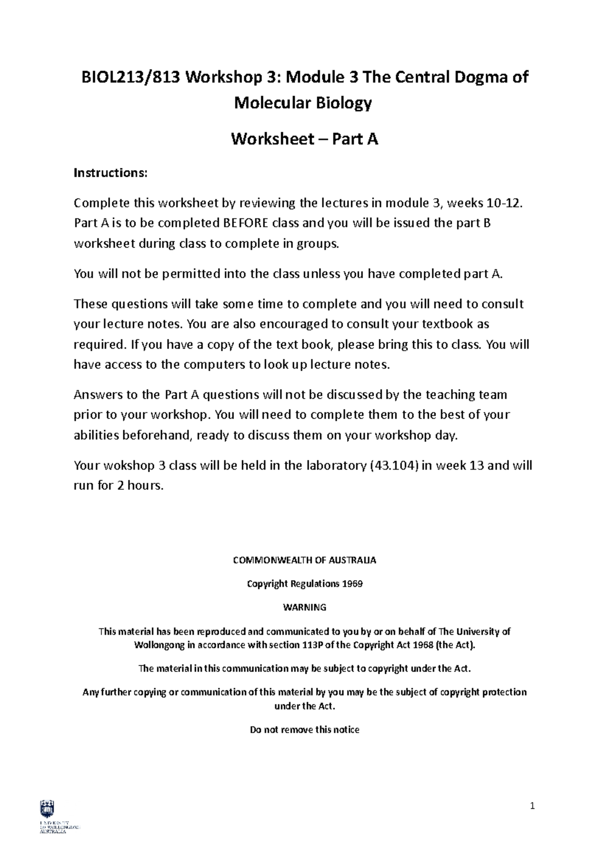 BIOL213 Module 3 Worksheet 2023 Part A - BIOL213/813 Workshop 3: Module ...