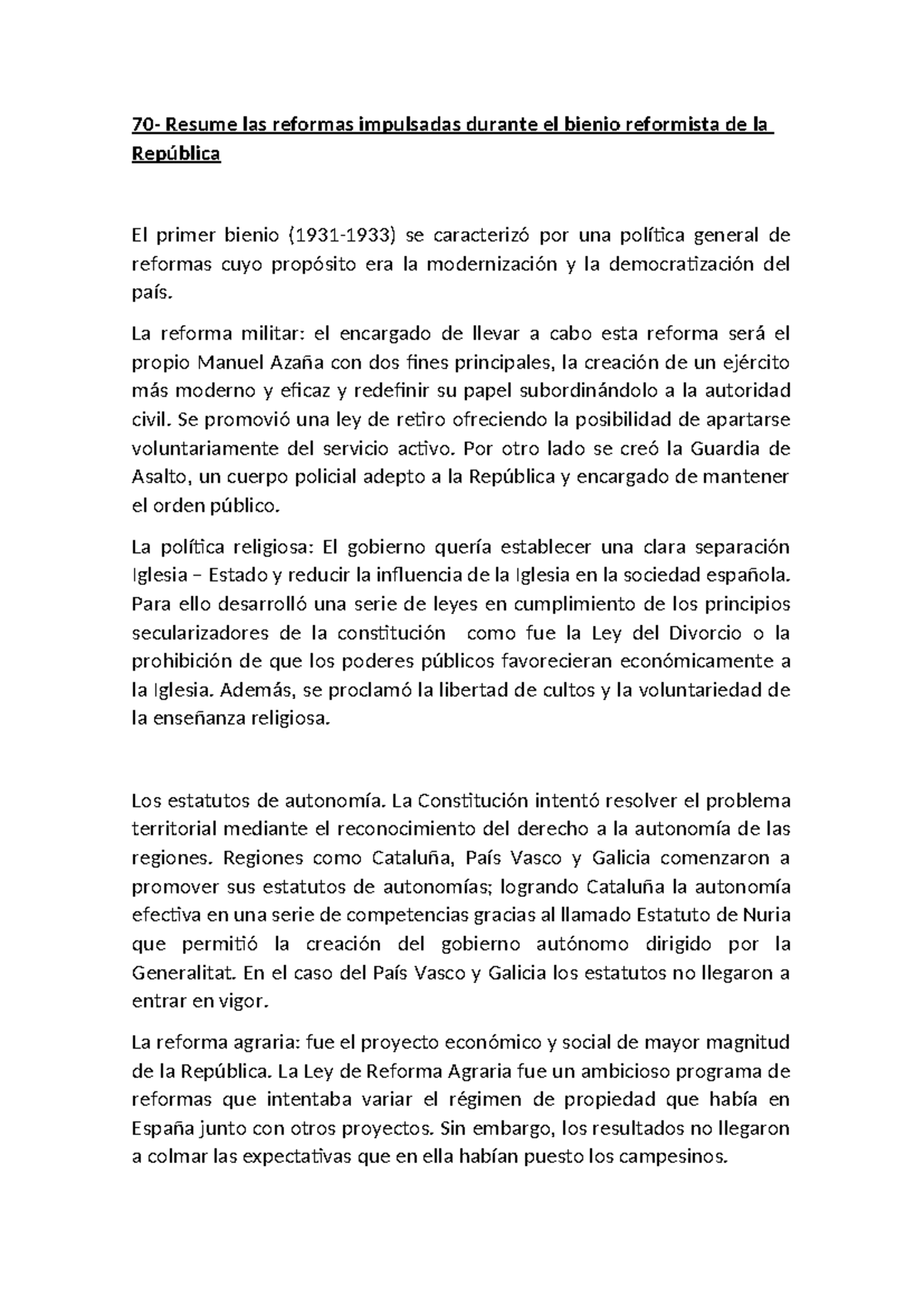 70- Bienio reformista - afsdf - 70- Resume las reformas impulsadas ...