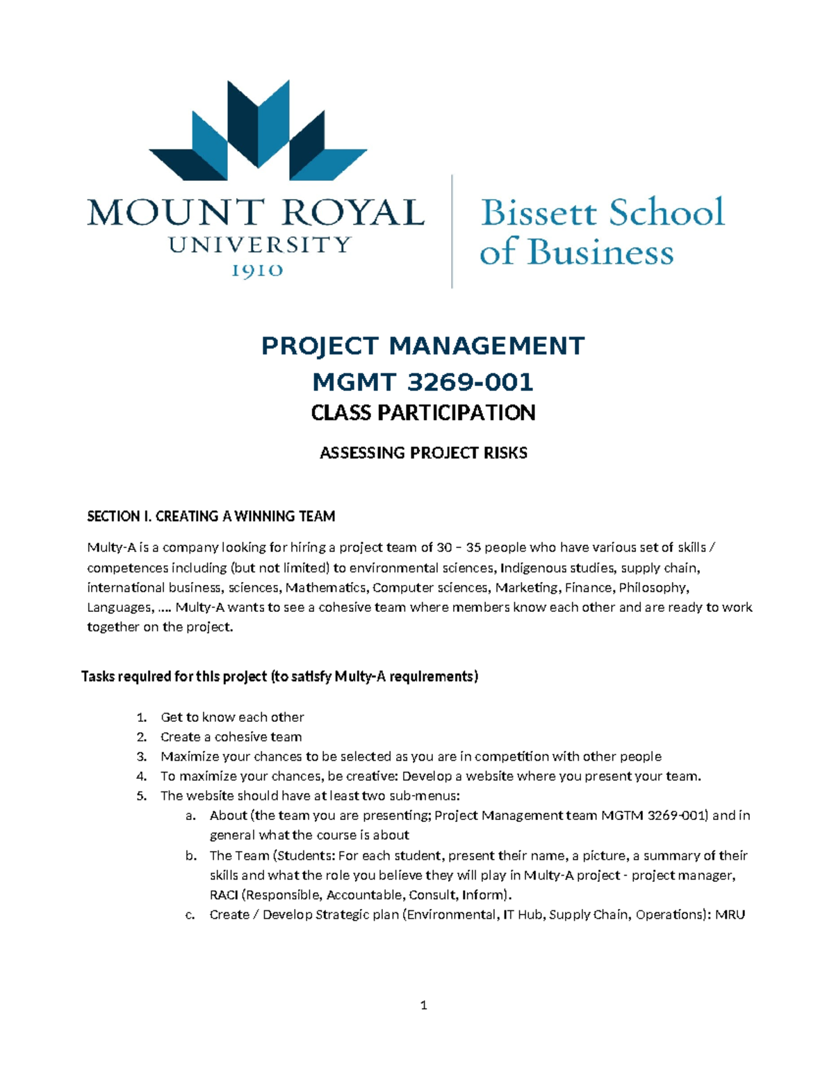 -Risk Assessment exercise - PROJECT MANAGEMENT MGMT 3269- CLASS ...