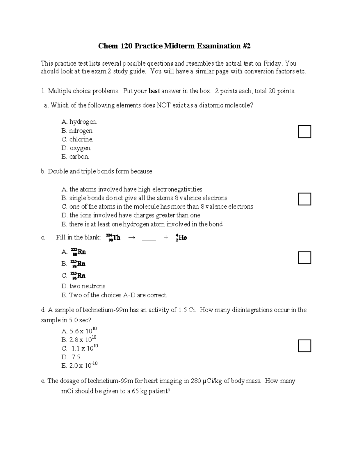 practice midterm #2 - Chem 120 Practice Midterm Examination This ...