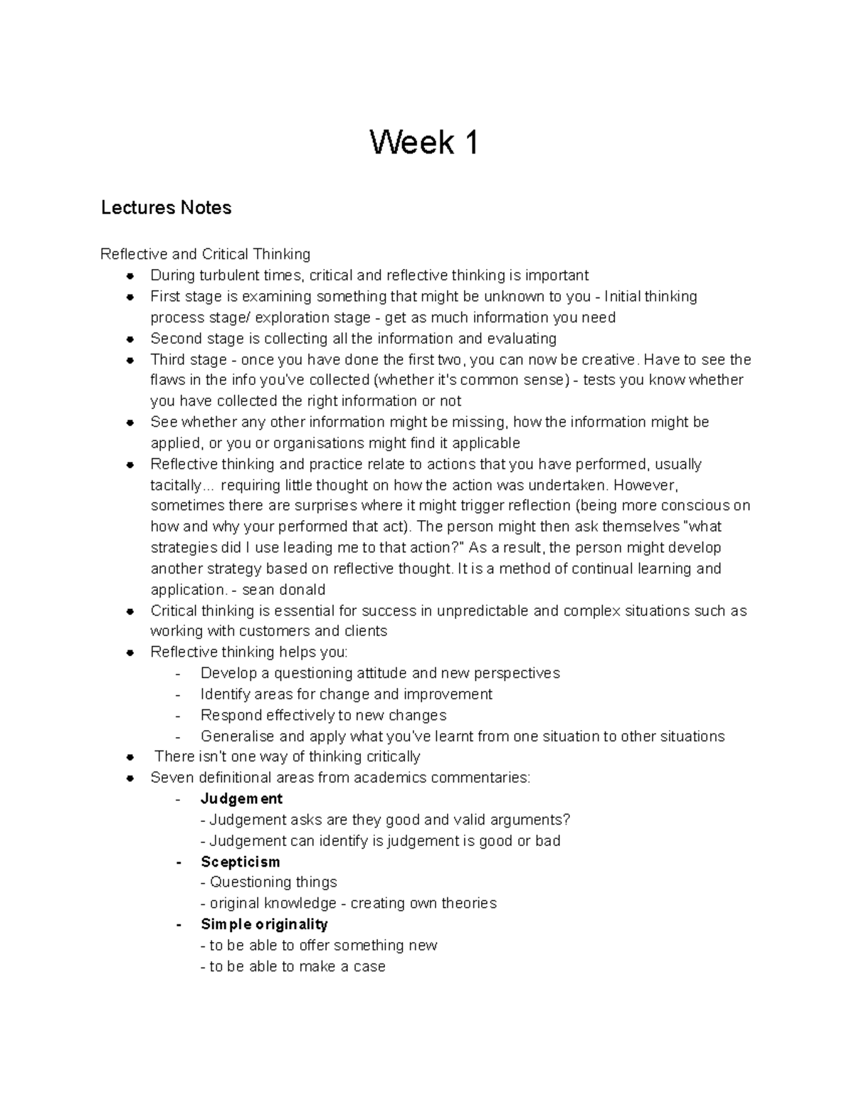 Week 1 Lecture Notes: Reflective and Critical Thinking - Studocu