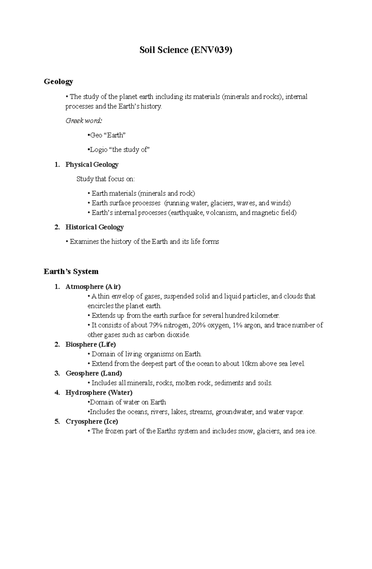 Notes for Lecture 1 - Environmental Science- Soil Science covers ...