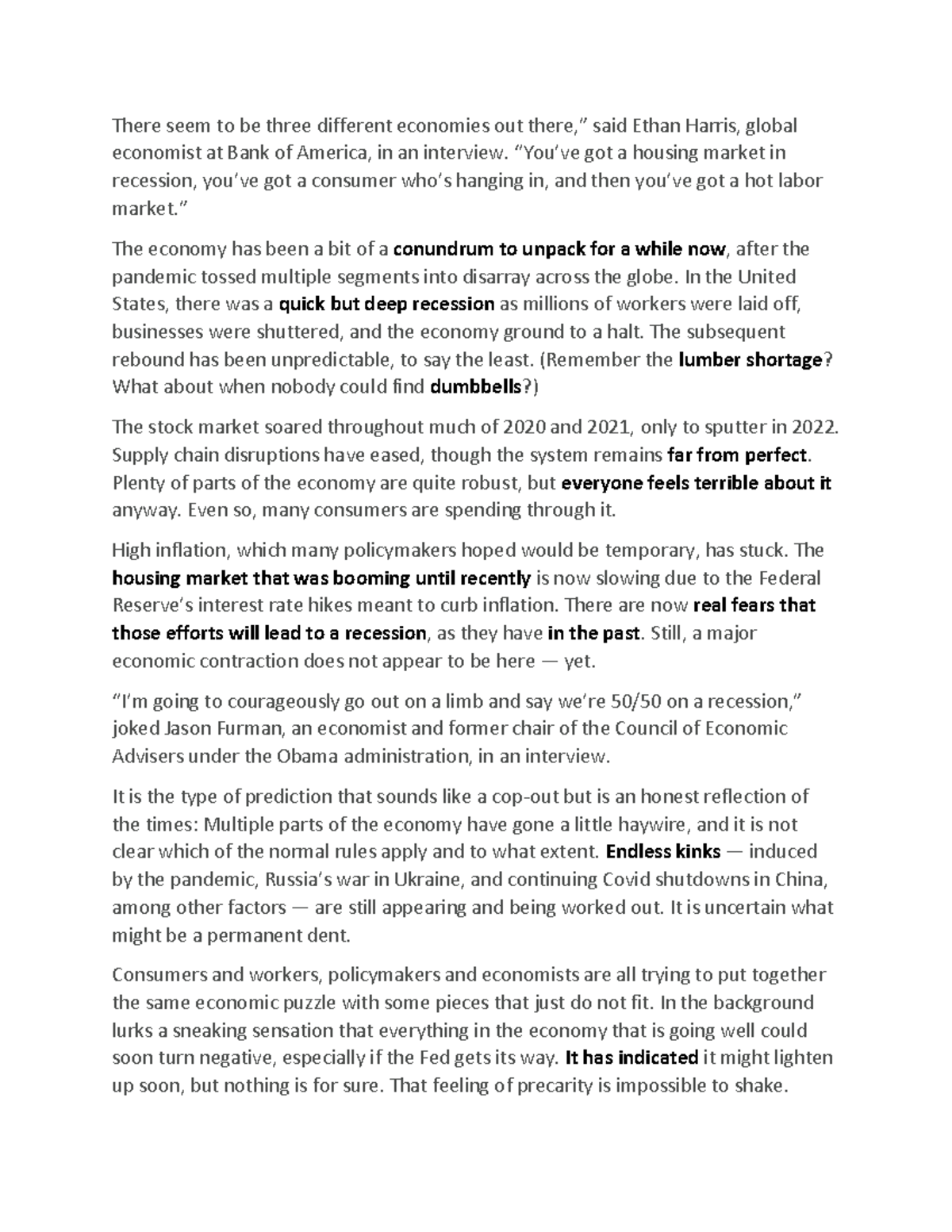 Economic turmoil - Notes - There seem to be three different economies ...