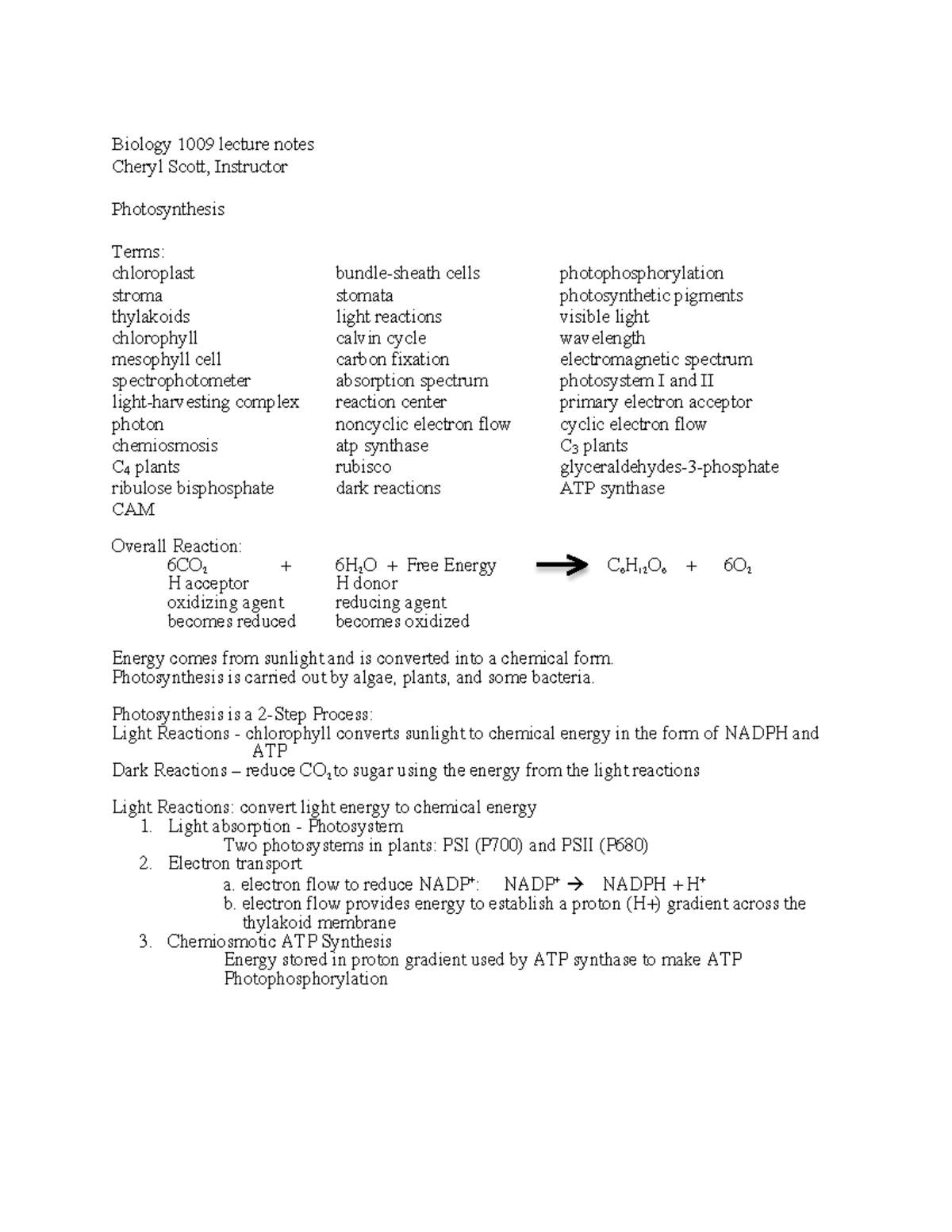 1. Lec 8 notes photosynthesis - Biology 1009 lecture notes Cheryl Scott ...