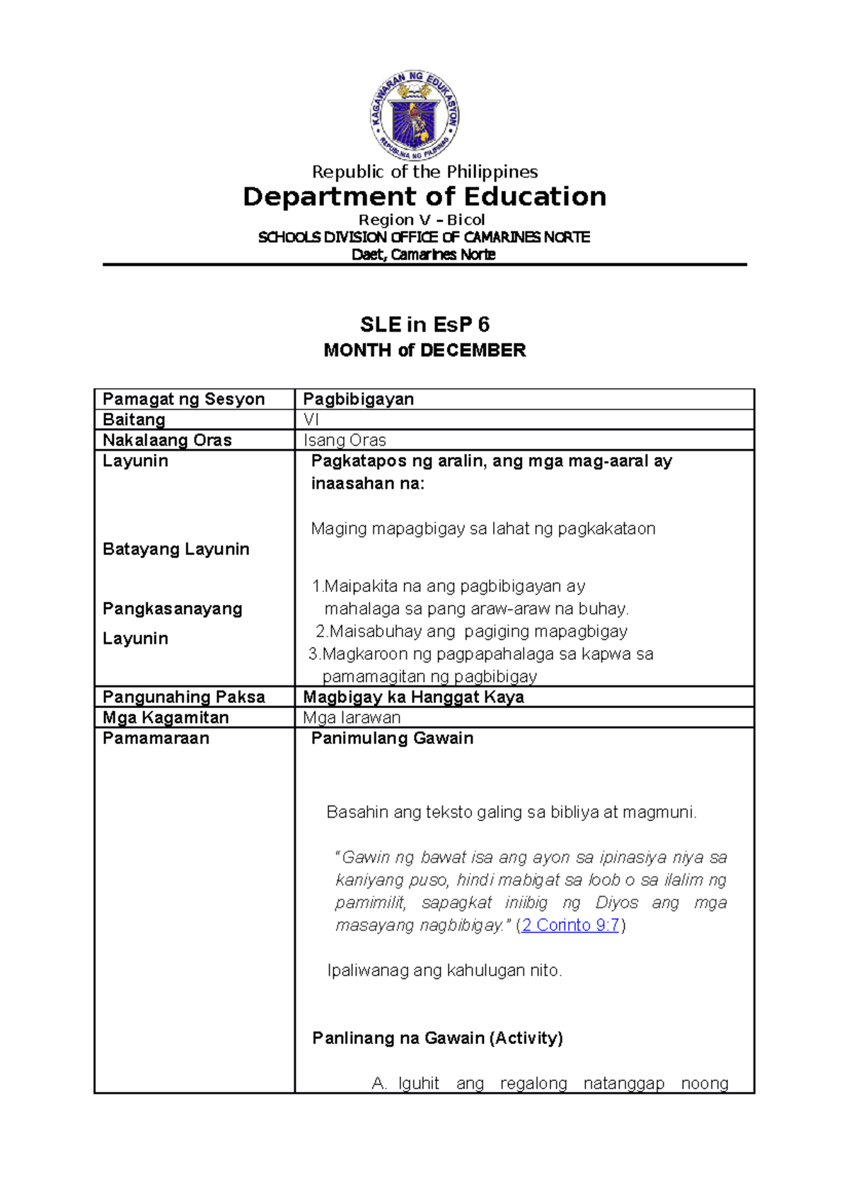6-SLE- Disyembre - notes - Republic of the Philippines Department of ...