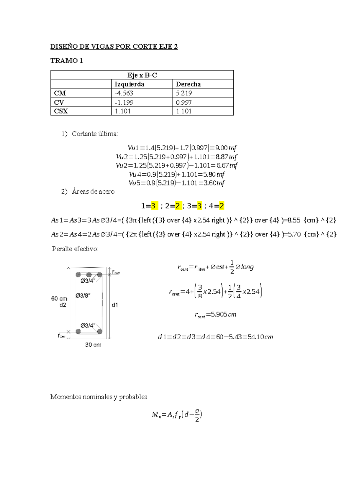 Vigas corte (Azotea) eje2 - DISEÑO DE VIGAS POR CORTE EJE 2 TRAMO 1 Eje x B-C Izquierda Derecha ...