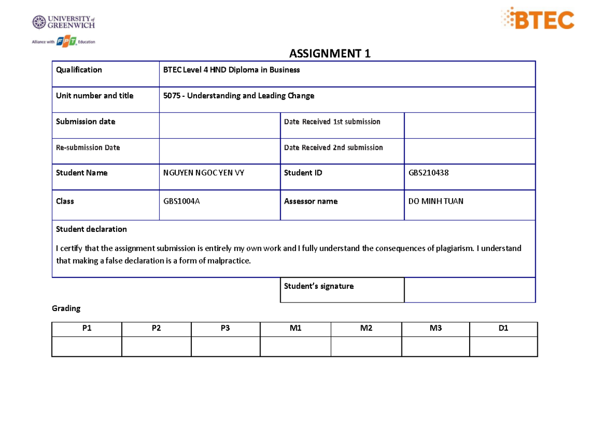 5075 - like - ASSIGNMENT 1 Qualification BTEC Level 4 HND Diploma in Business Unit number and ...