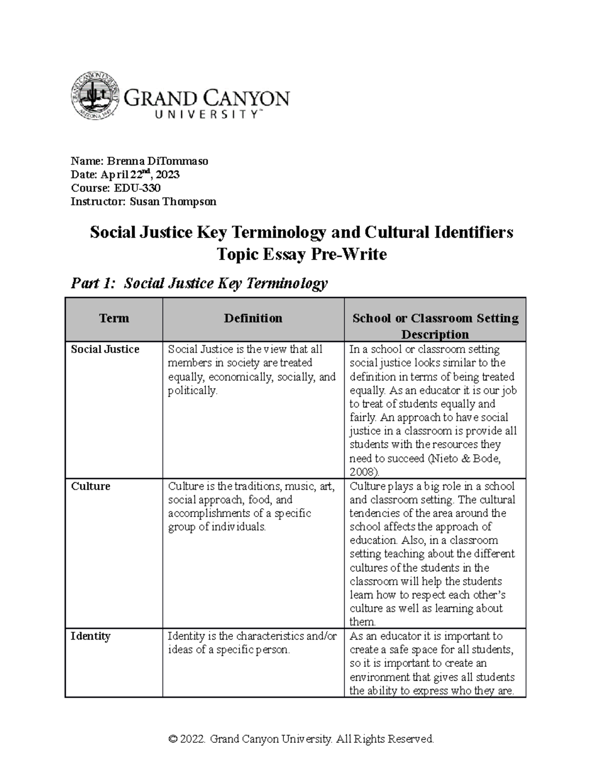 Social Justice Terminologyand Cultural Identifiers Topic Essay Pre ...