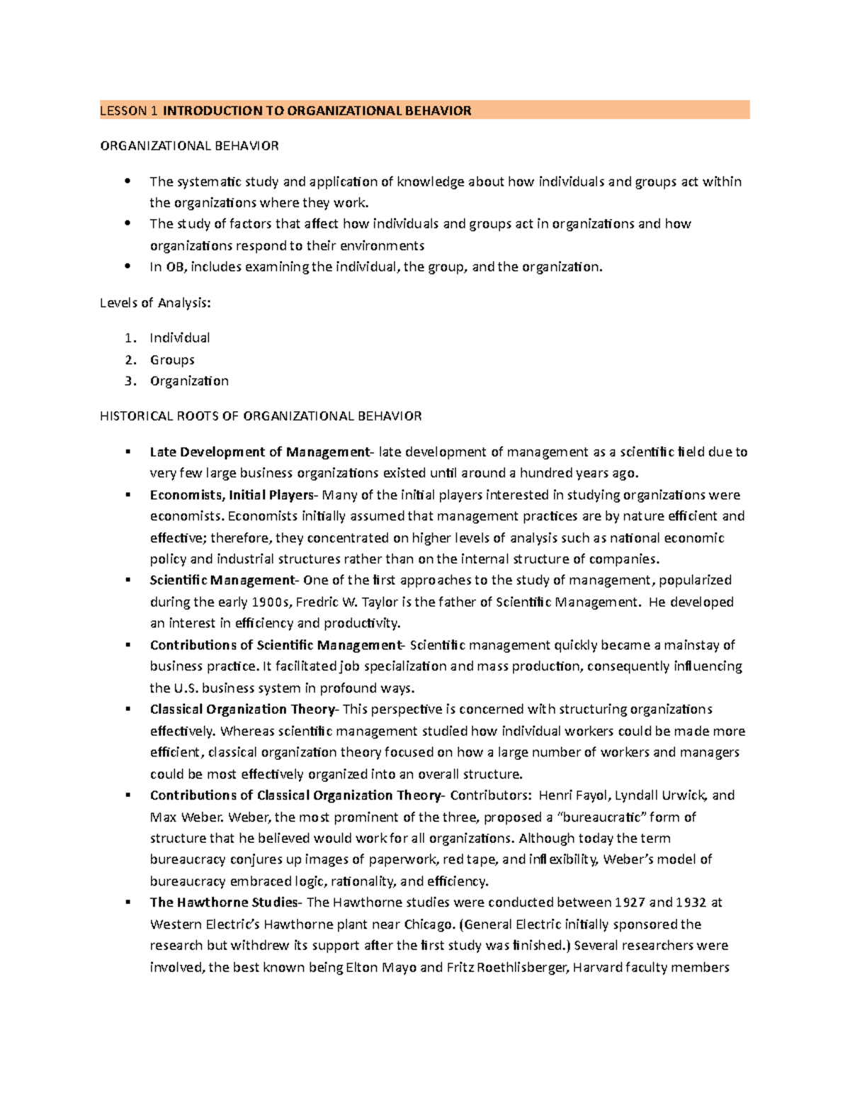 Midterm Exam Reviewer- HBO - LESSON 1 INTRODUCTION TO ORGANIZATIONAL ...