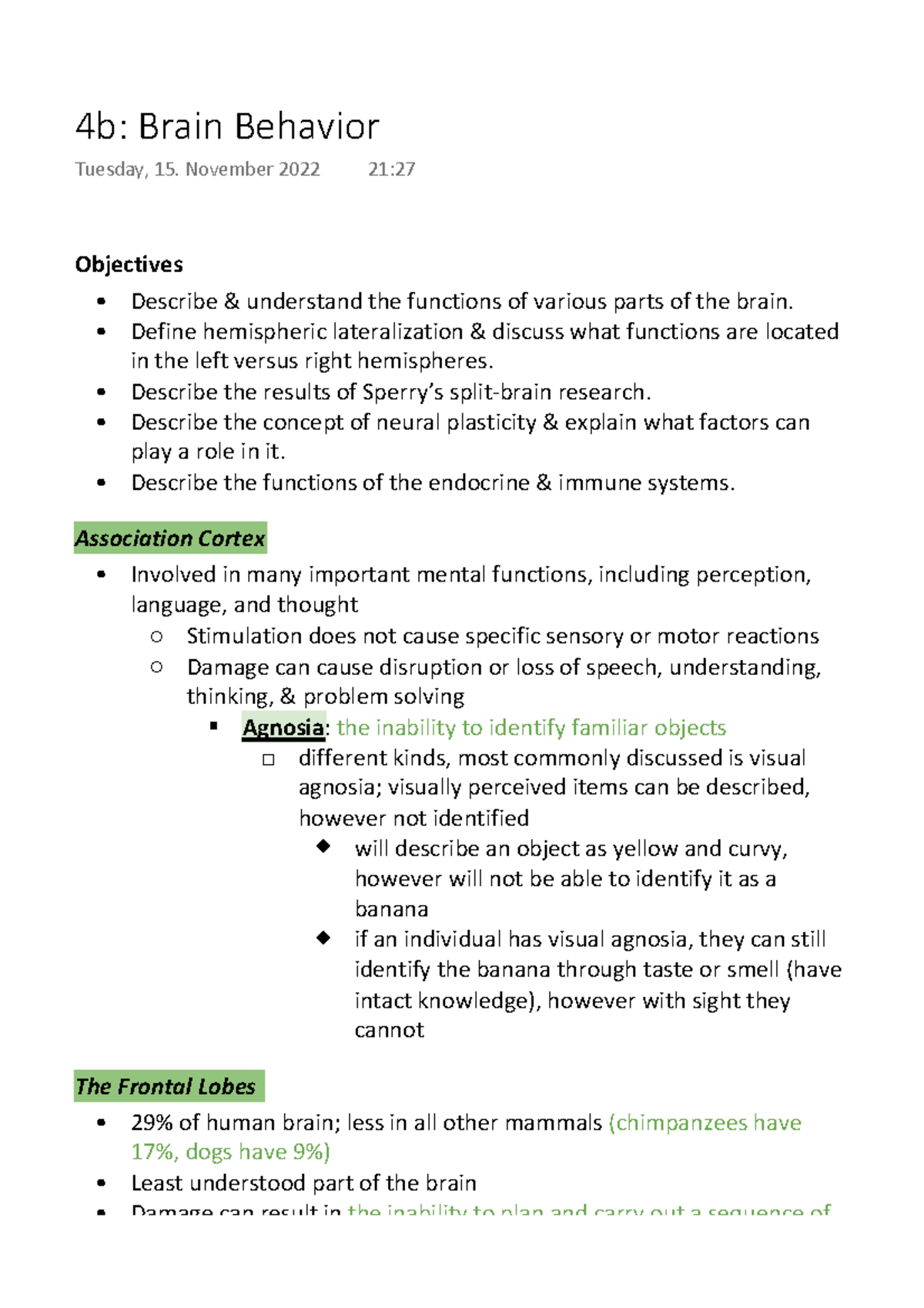 4b Brain Behaviour - Objectives - Describe & understand the functions ...