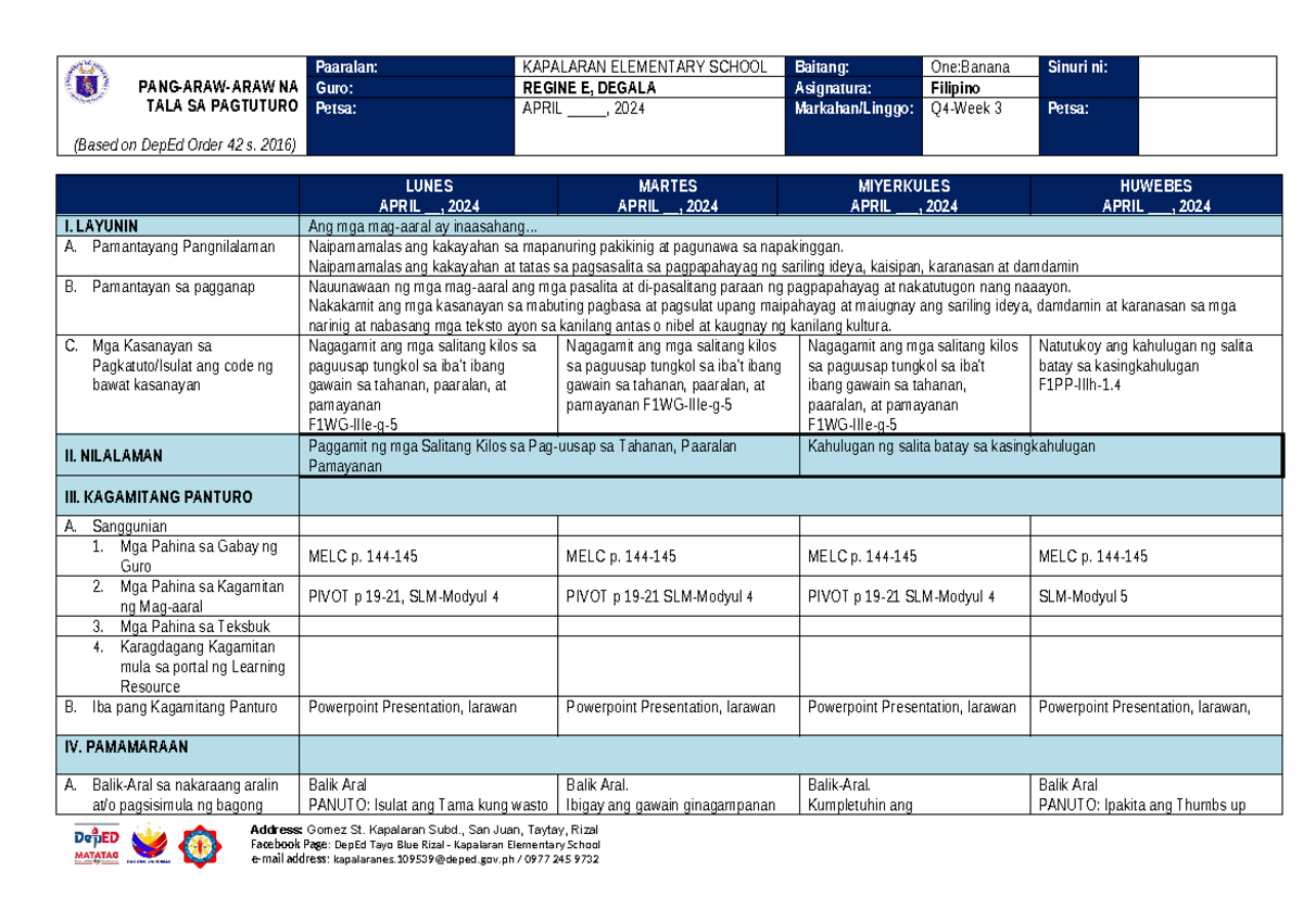 Q4- Filipino-WEEK 3 - Lesson plan - PANG-ARAW-ARAW NA TALA SA PAGTUTURO ...