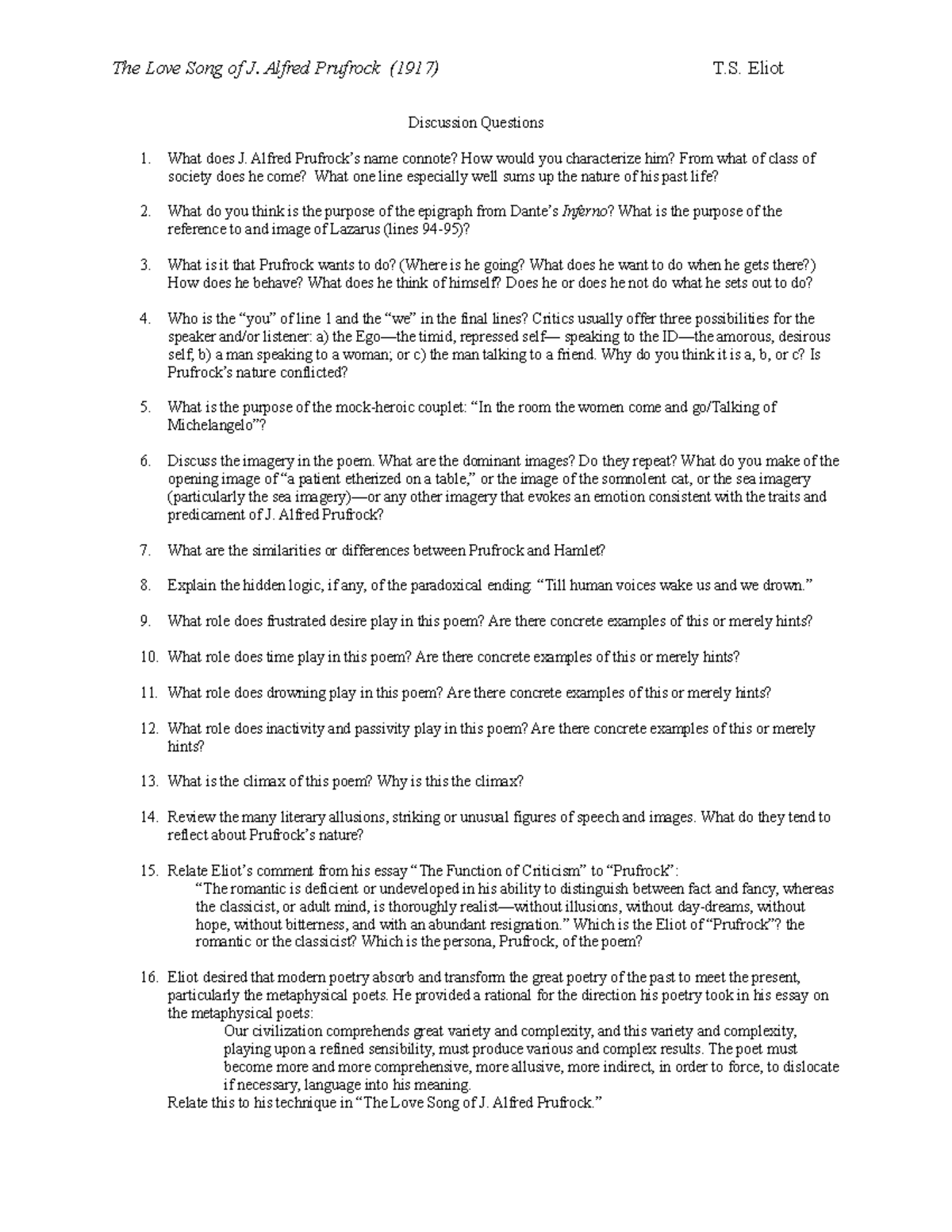 Love Song of J. Alfred Prufrock - The Love Song of J. Alfred Prufrock ...