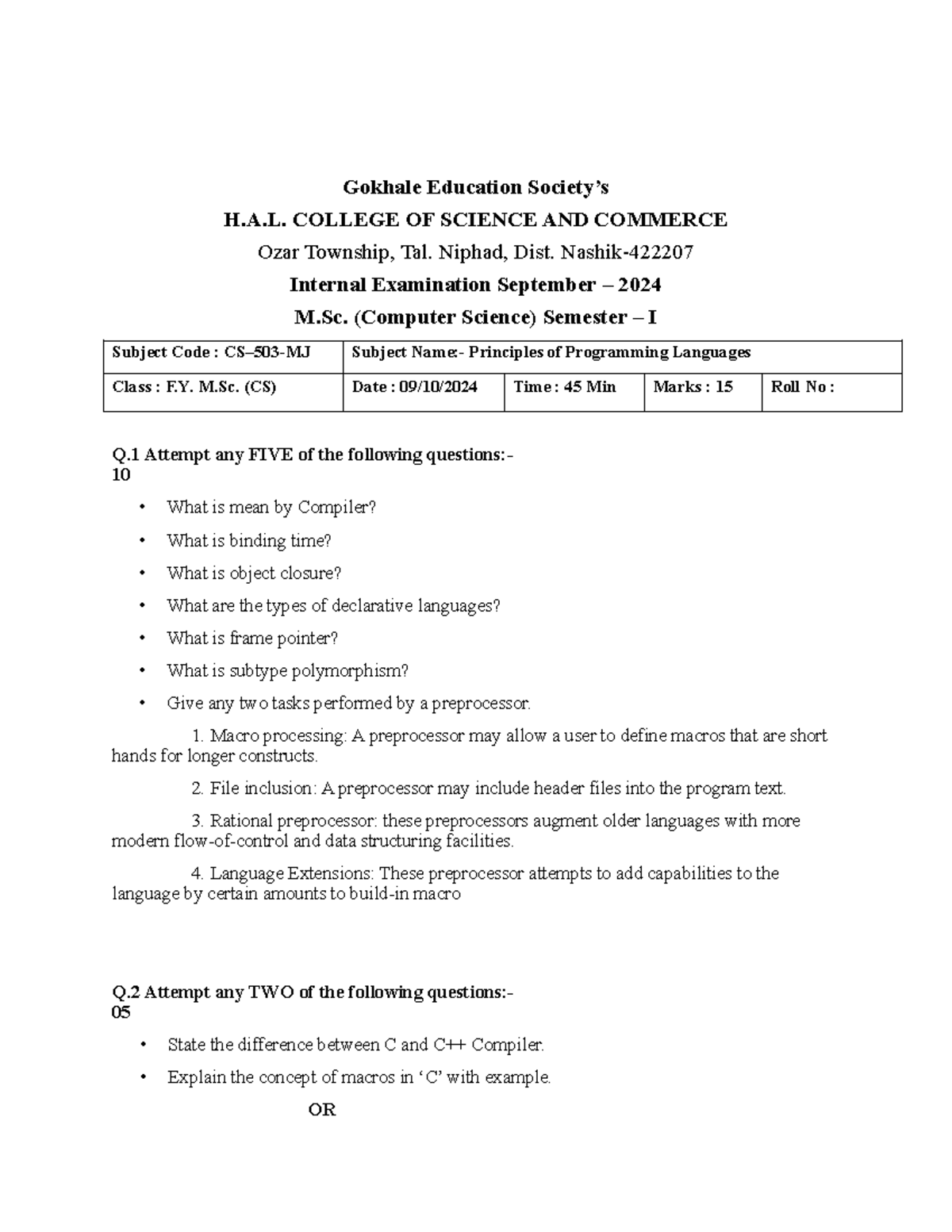 PPL Questions Paper - Gokhale Education Society’s H.A. COLLEGE OF ...