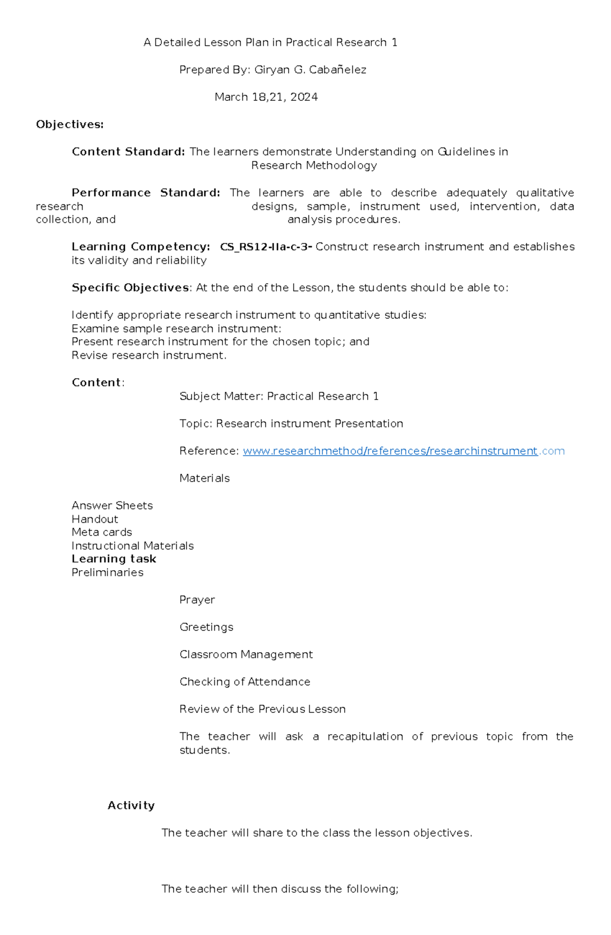 A Detailed Lesson Plan in Practical Research 2-revised research ...