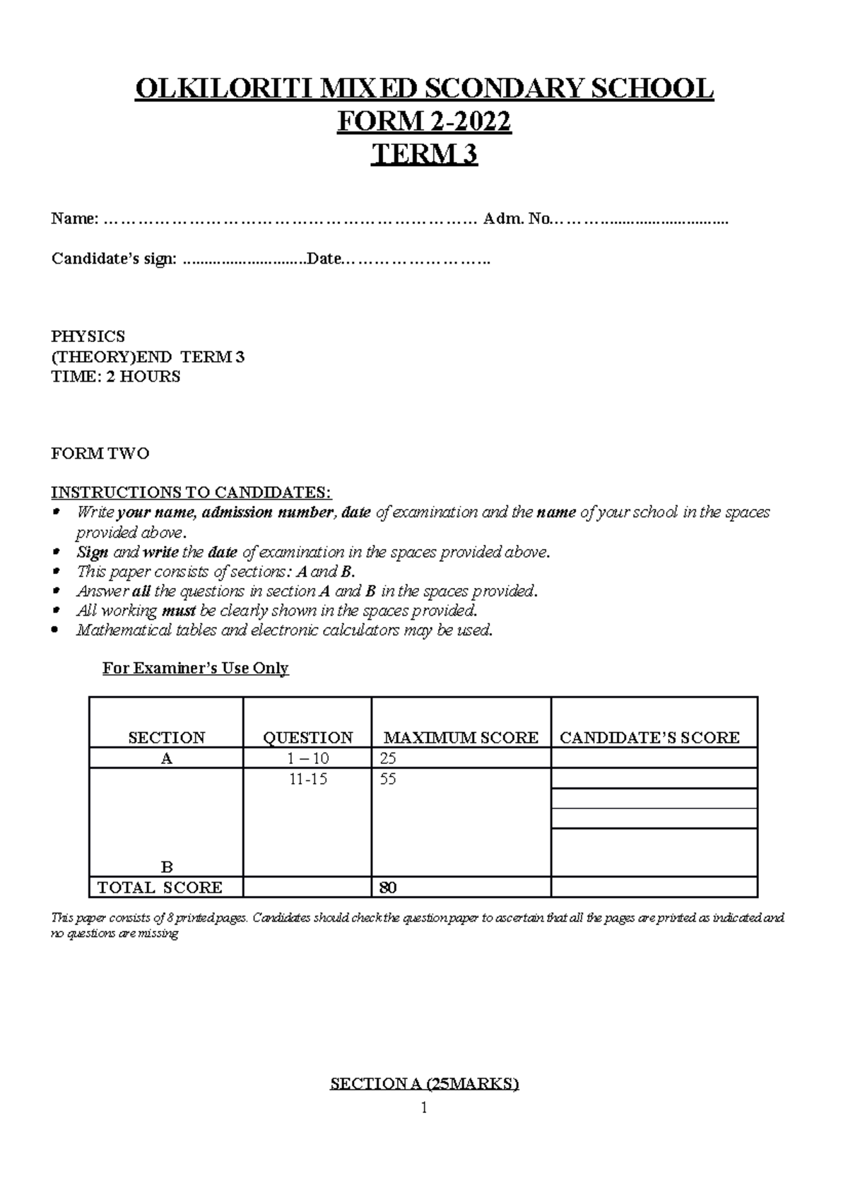 232 Form 2 End Term 1 Exams Physics Questions - for merge - OLKILORITI ...