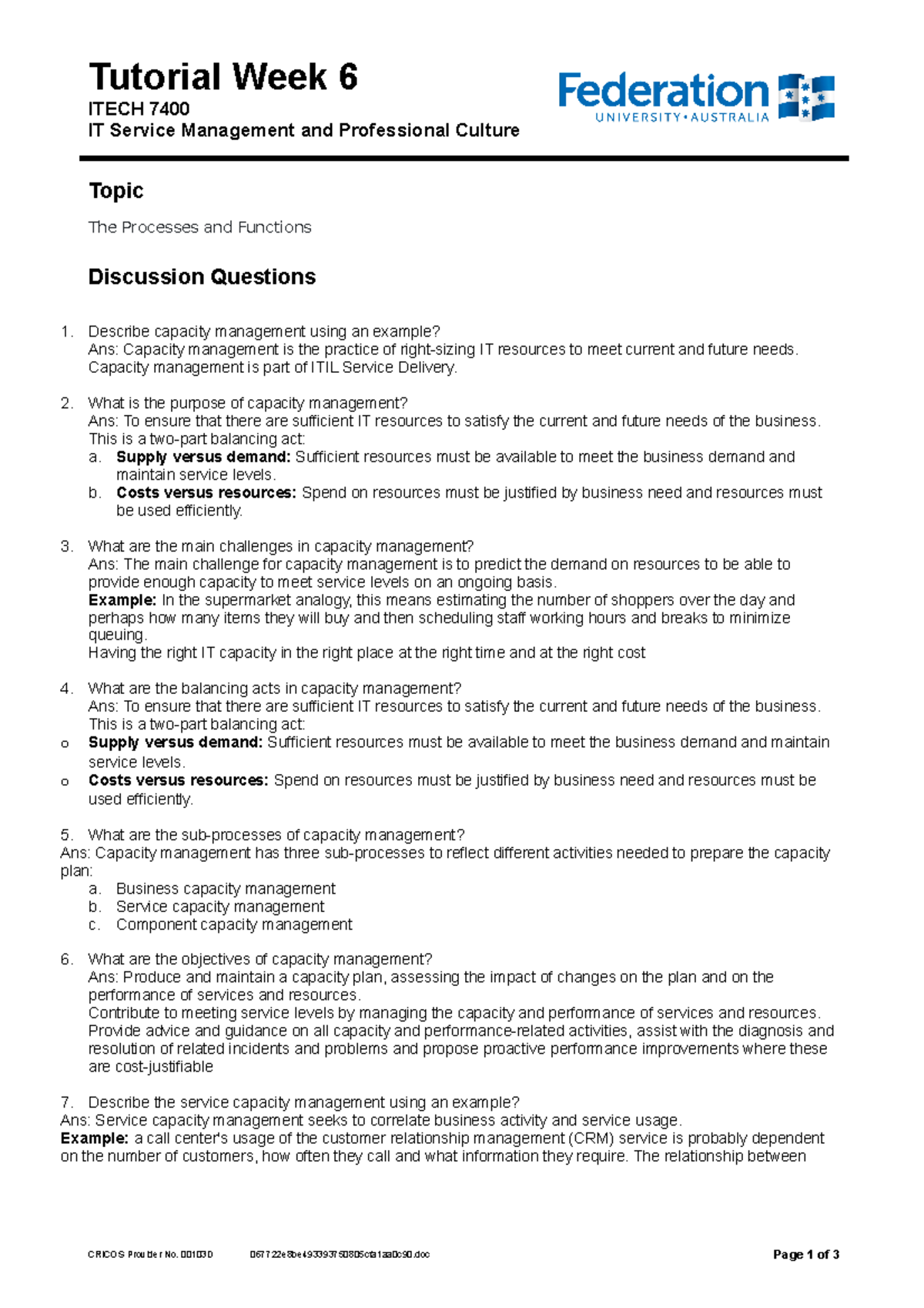 Tutorial Tasks Week 6 Of 7400 Tutorial Week 6 Itech 7400 It Service Management And