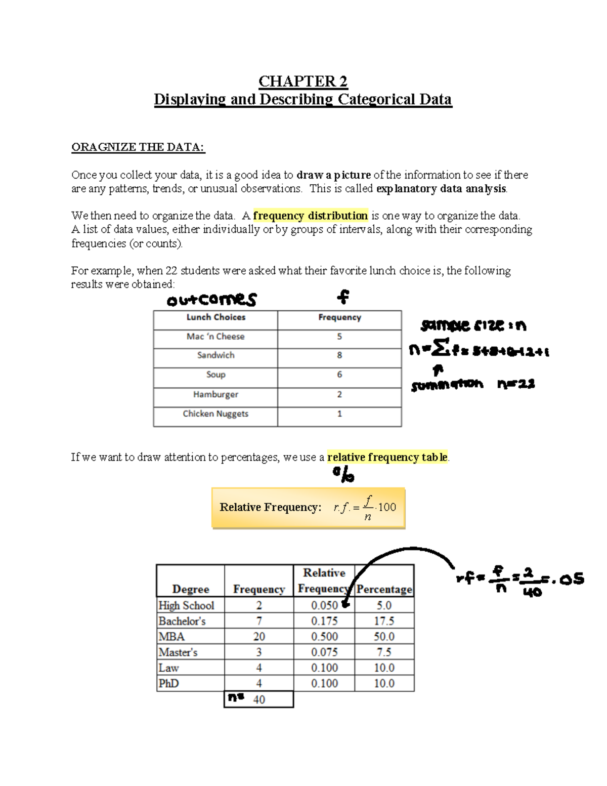 Stat 119 Lec 2 Lecture 2 Notes Chapter 2 Displaying And Describing Categorical Data Oragnize