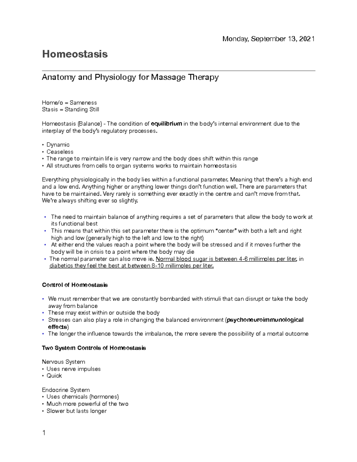 2.3 Homeostasis - Lesson notes - Monday, September 13, 2021 Homeostasis ...
