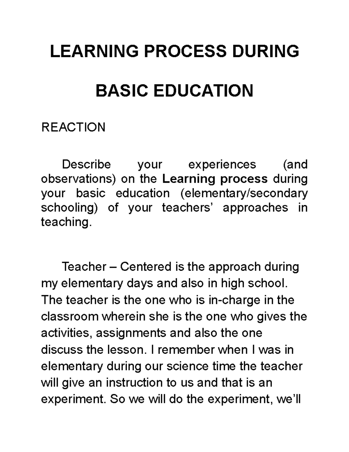 Learning Process During Basic Education - Professional Education - Studocu