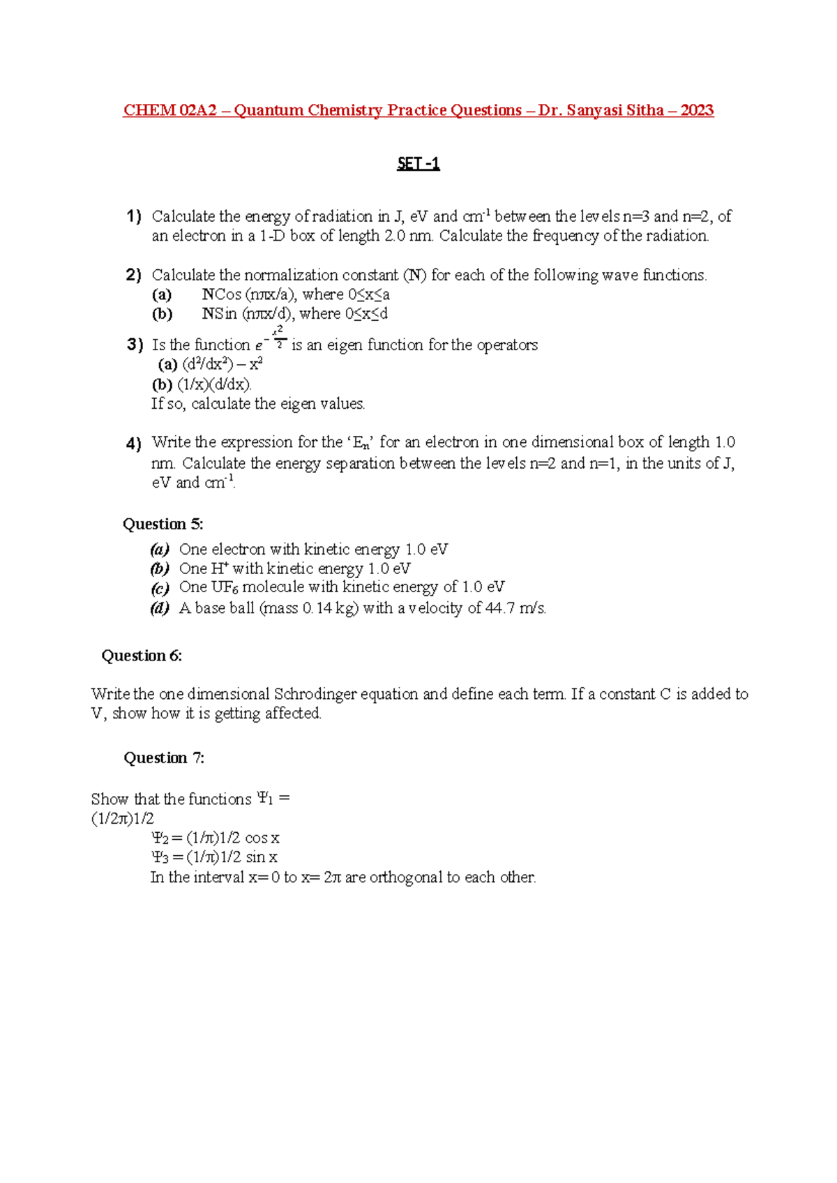 Practice Questions - Quantum Chemistry - 2023 - CHEM 02A2 – Quantum ...