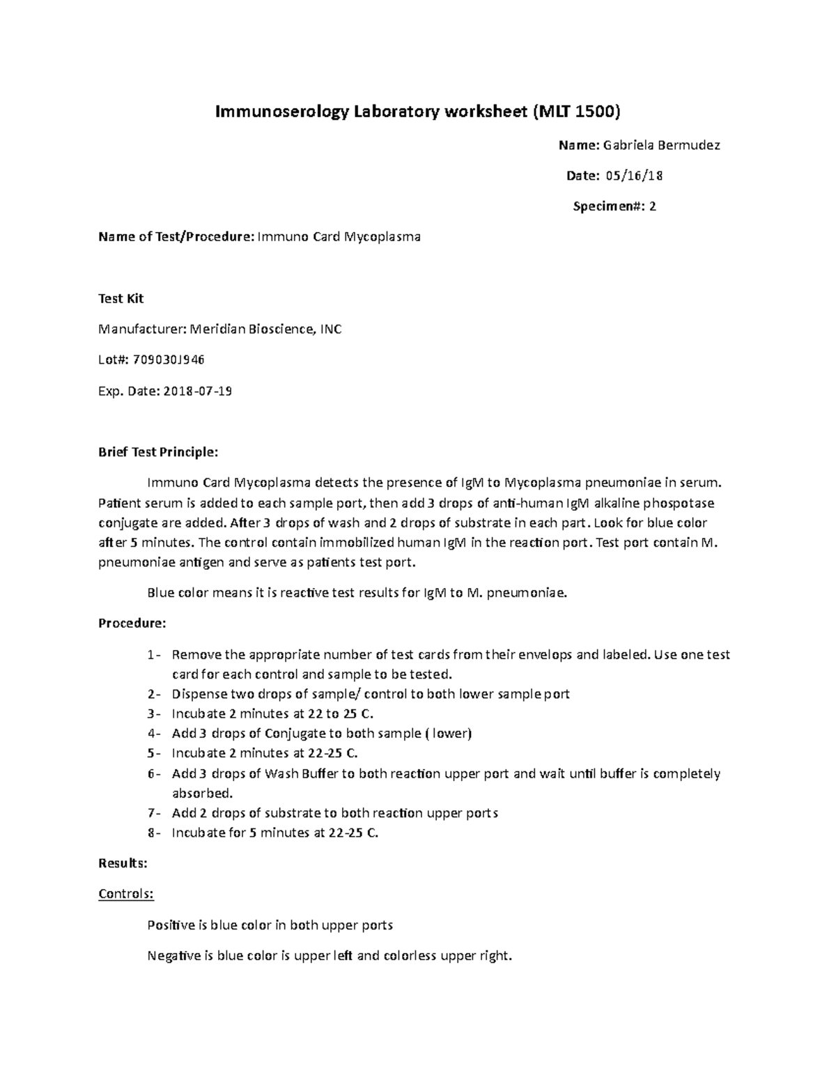 Mycoplasma report - Immunoserology Laboratory worksheet (MLT 1500) Name ...