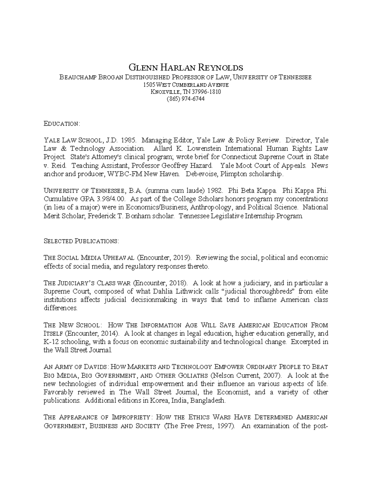 Glenn Reynolds CV 0819 - GLENN HARLAN REYNOLDS BEAUCHAMP BROGAN ...
