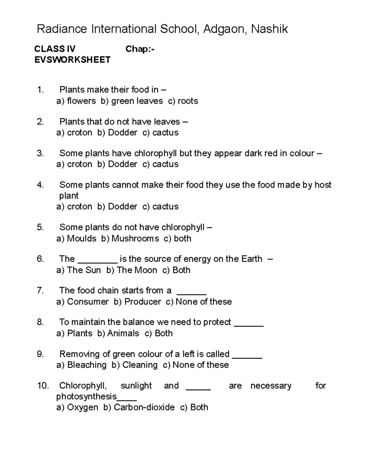 Plants make their food WS(4) PDF - Radiance International School ...