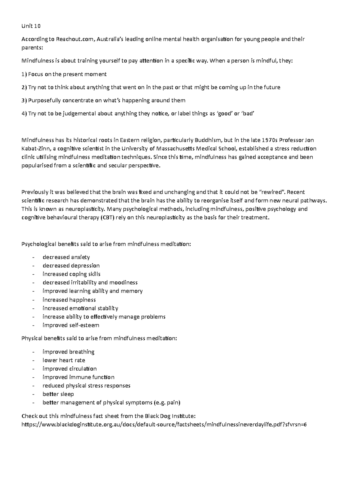 Unit 10 - Lecture notes 10 - Unit 10 According to Reachout, Australia’s ...