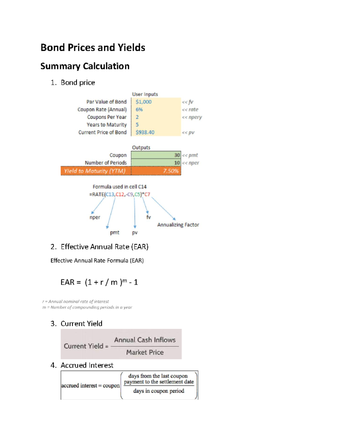 Homework MMI and Bond - Bond Prices and Yields Summary Calculation 1 ...