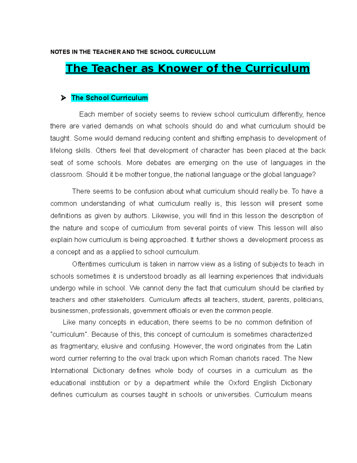 The Teacher as Knower of the Curriculum - NOTES IN THE TEACHER AND THE ...
