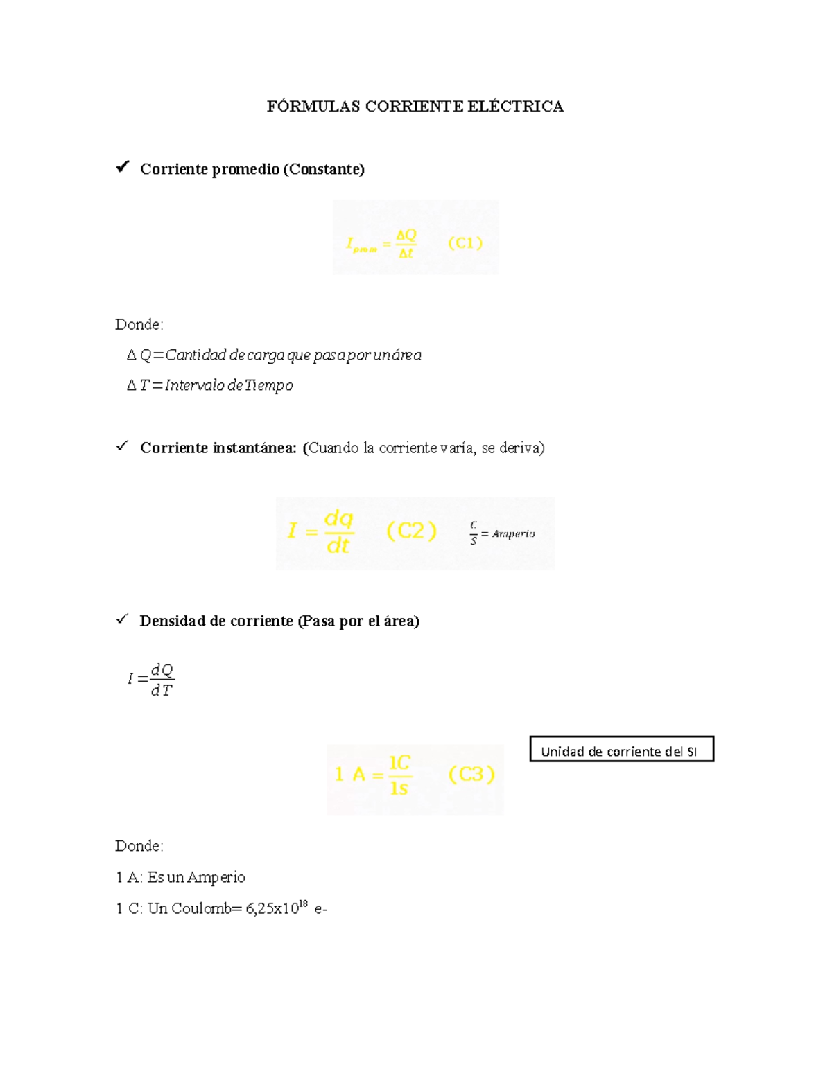 Fórmulas Corriente Eléctrica - FÓRMULAS CORRIENTE ELÉCTRICA Corriente ...